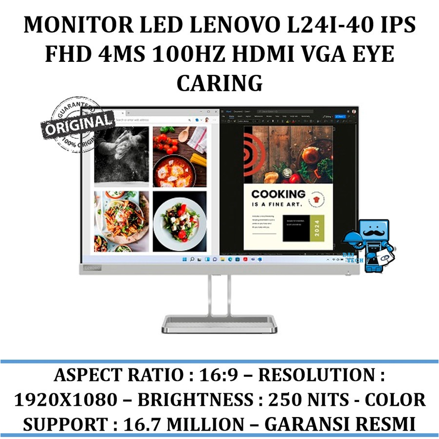 Jual MONITOR LED LENOVO L24I-40 IPS FHD 4MS 100HZ HDMI VGA EYE CARING ...