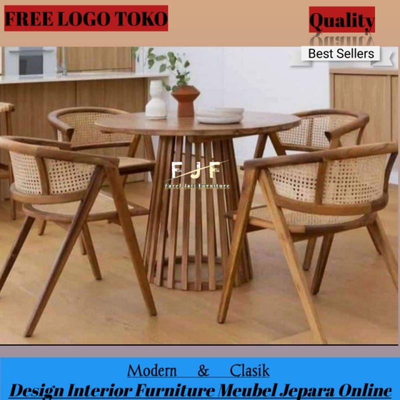 Jual Meja Makan Set 4 Kursi Rotan Kayu Jati Meja Kursi Makan Cafe | Shopee Indonesia