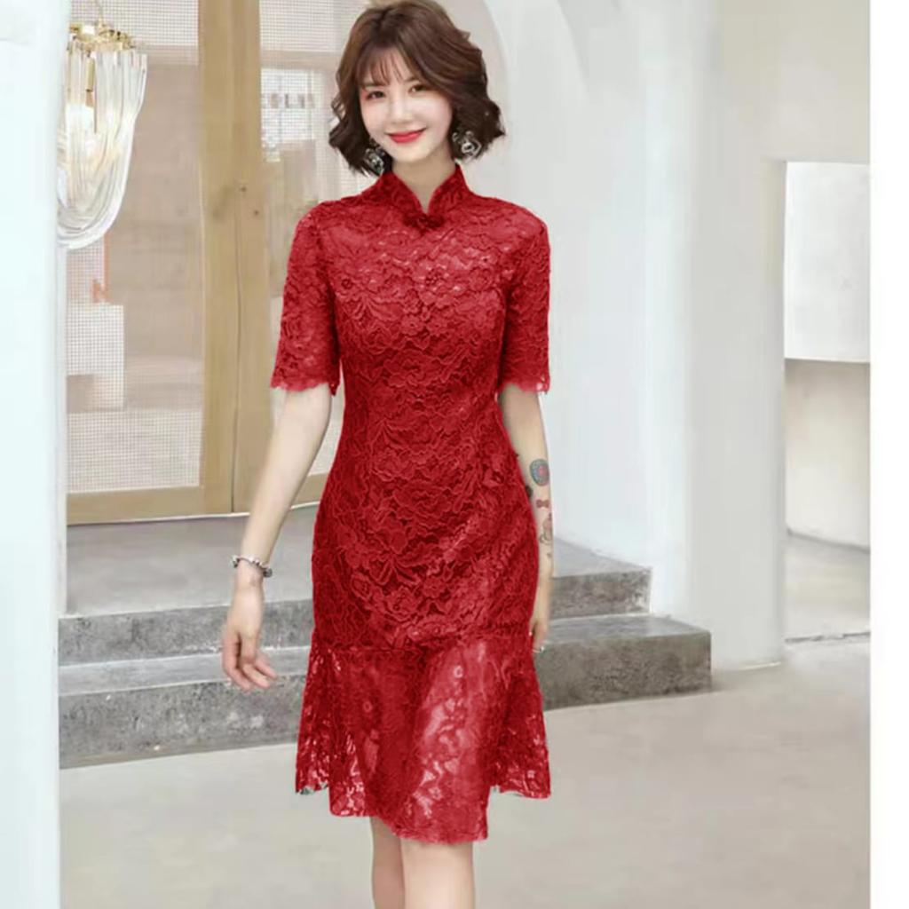 Jual [Basica Moda] 0935 Gaun Dress Cheongsam Mini Wanita Ching CNY Lace ...