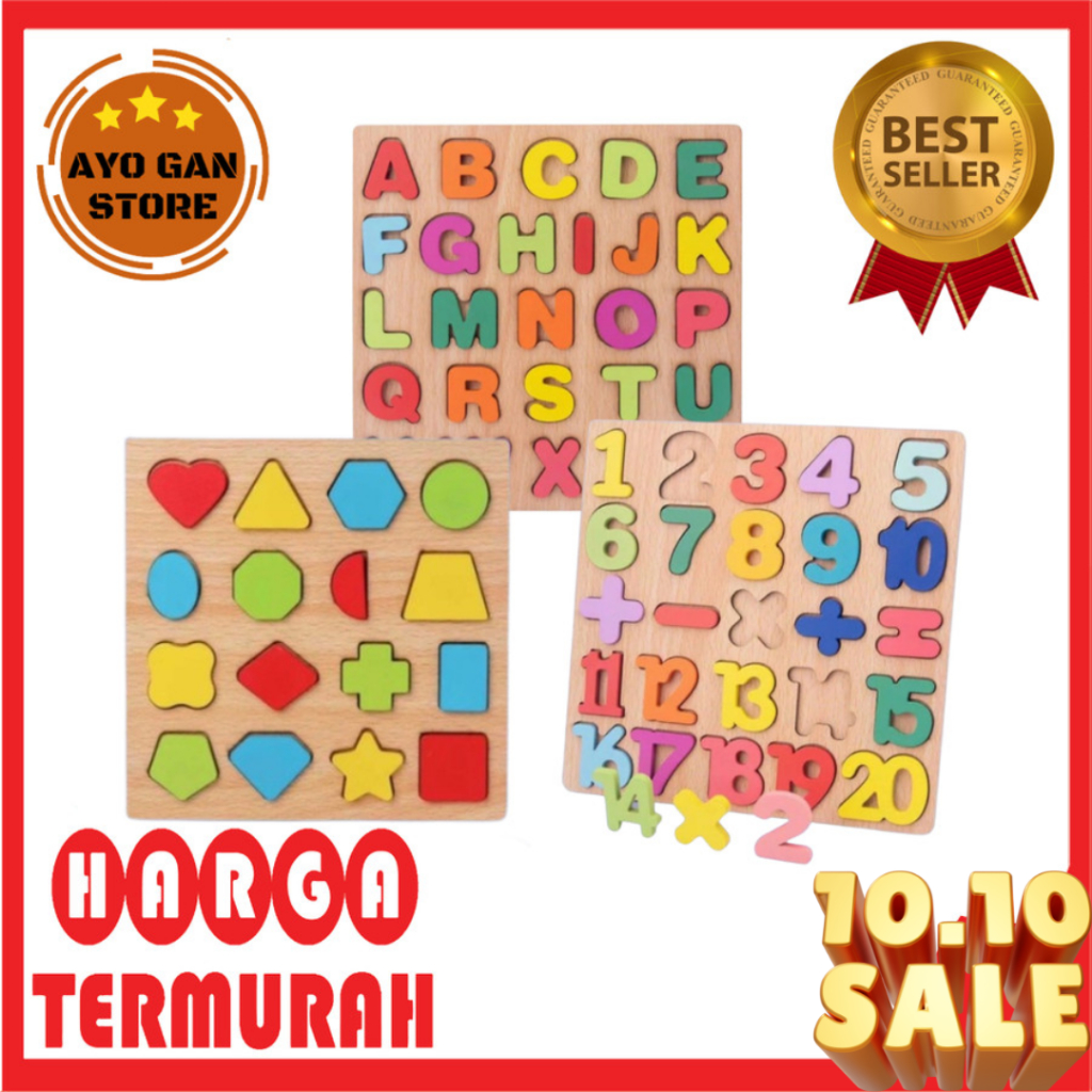 Jual Wooden Puzzle Kayu Angka, Alphabet, dan Bentuk | Mainan Edukasi ...