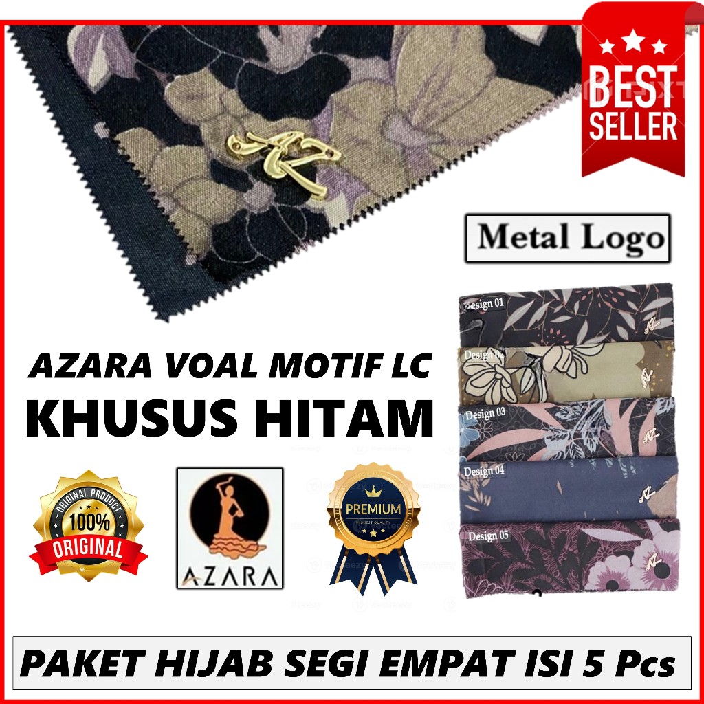 Jual Dapat 5 Azara Motif Hitam Metal Logo Hijab Segi Empat Voal Premium ...