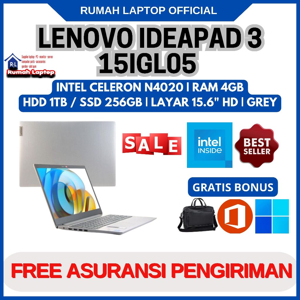 Jual Laptop Lenovo IdeaPad 3-15IGL05 N4020 Ram 4GB Ssd 256GB / Hdd 1TB ...