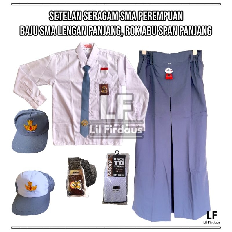 Jual Setelan Seragam SMA Perempuan Satu Set Komplit Baju SMA Lengan Panjang, Rok Abu Span ...