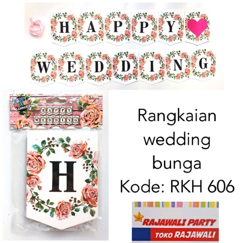 Jual Banner Happy Wedding Bunga Putih/Bunting Flag Wedding/Rangkaian ...
