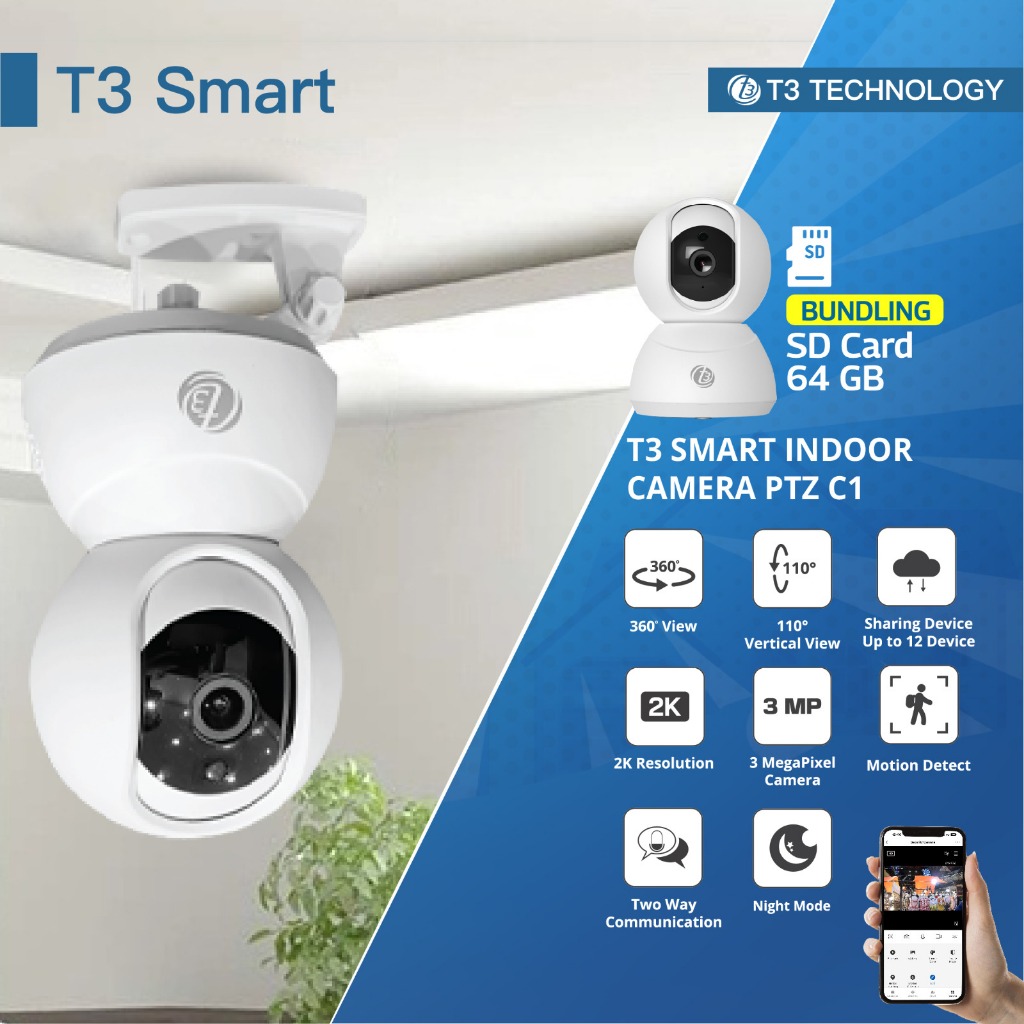 Jual [Promo Bundling] SD Card 64Gb+T3 Smart 2K CCTV IP WIFI Camera Rotasi 360 Panoramic 3MP Tuya ...