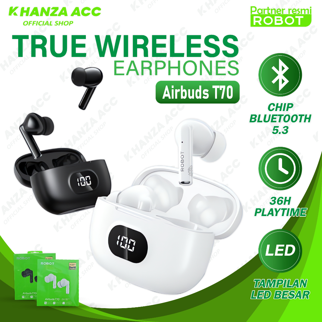 Jual KHANZAACC ROBOT T70 Airbuds Headset TWS Bluetooth Earbuds Wireless LED Display Earphone ...