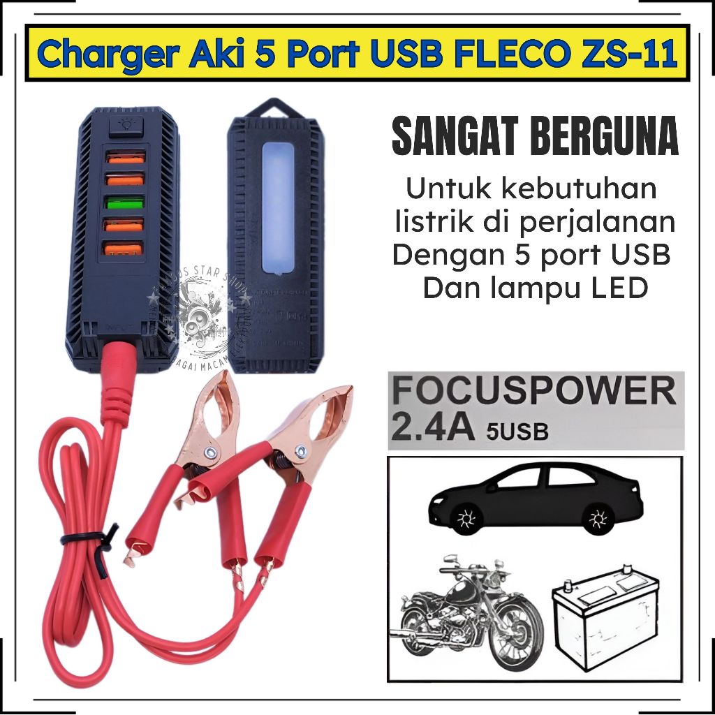 Jual Charger USB Jepit Aki 12V - 24V DC | CHARGER AKI 5 PORT USB FLECO ...