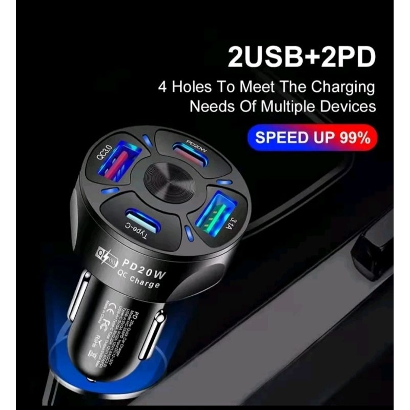 Jual Charger mobil fast charging 2 PD type C + 2 USB QC 4 port | Shopee Indonesia