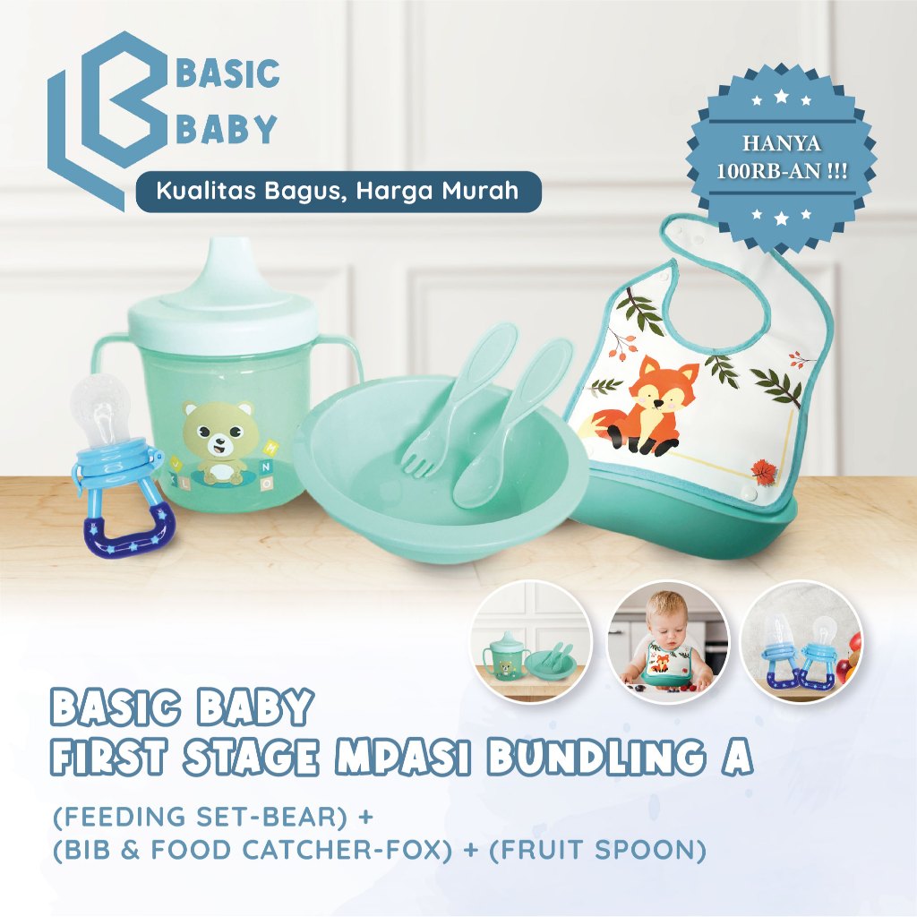 Jual Basic Baby First Stage MPASI Bundling A ( Feeding Set - Bear + Bib ...