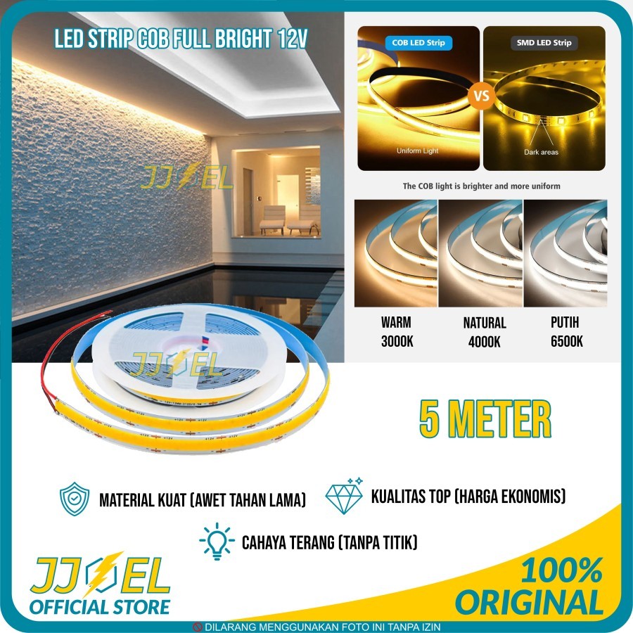 Jual LED Strip COB 12V 5M, 320 LED, Dotless Fleksibel Cahaya Merata ...