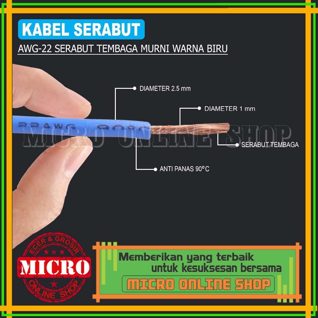 Jual PAKET 3 METER Kabel Serabut AWG-22 Biru / Kabel Kelistrikan Motor Mobil / Kabel AWG Serabut ...