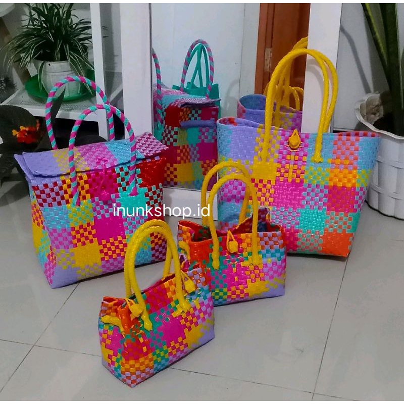 Jual one set tas jali anyaman colorful/Tas belanja jali anyaman ...