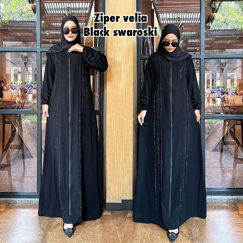 Jual Abaya Hitam Gamis Wanita Arab Turki Dress Umroh Ziper Velia Black Swarosky | Shopee Indonesia