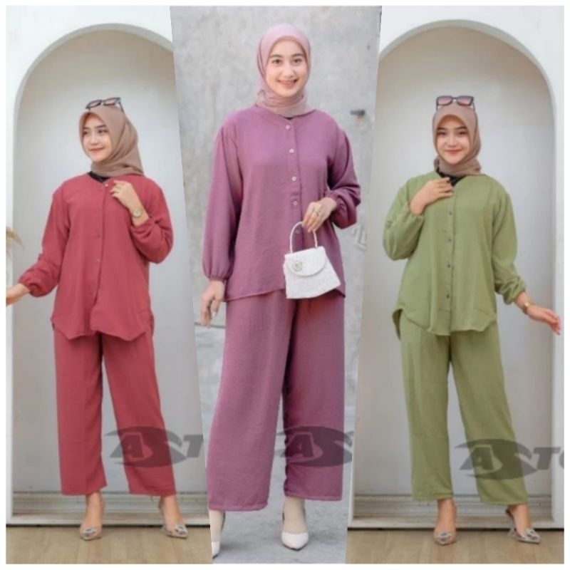 Jual Setelan amanda crinkle airflow oneset pakaian wanita kekinian sage | Shopee Indonesia