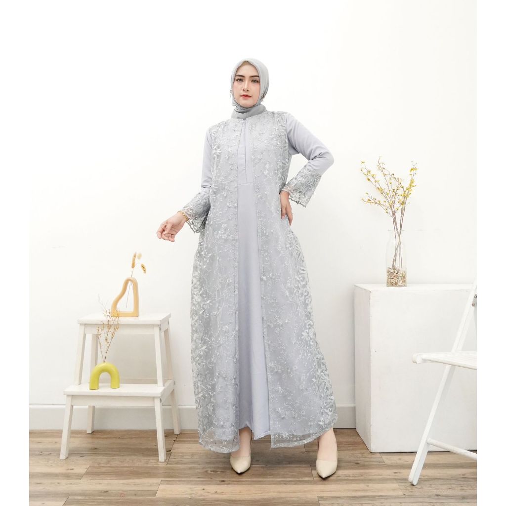 Jual (S,M,L,XL,XXL) Gamis Hena Busui Tile Bordir Mutiara Maxi Dress Lebaran Brukat Tulle Baju ...