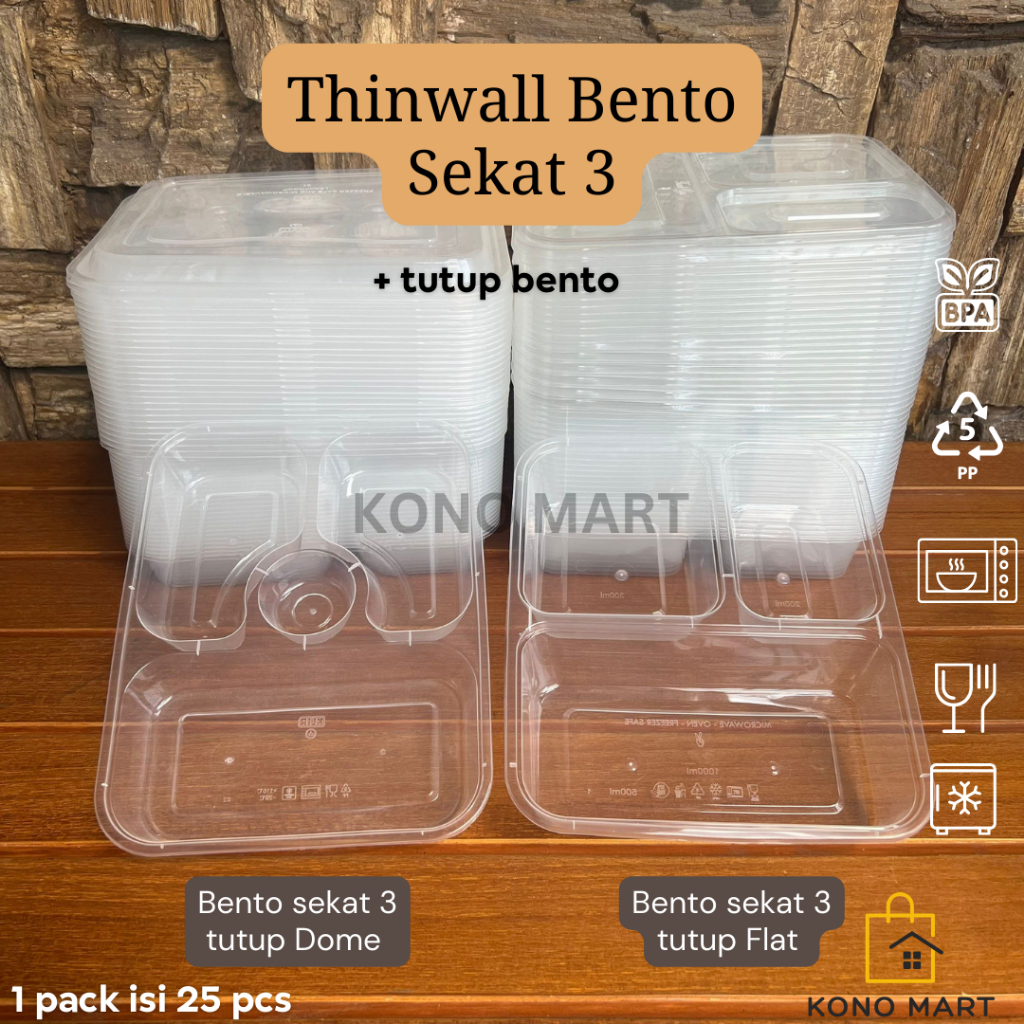 Jual [ISI 25 PCS] Thinwall Bento 3 Sekat Kotak Makan Plastik / Mika ...