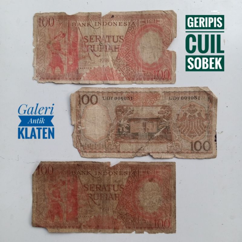 Jual Asli Rusak 100 Rupiah Tahun 1958 Seri Pekerja Tangan Uang Kertas ...