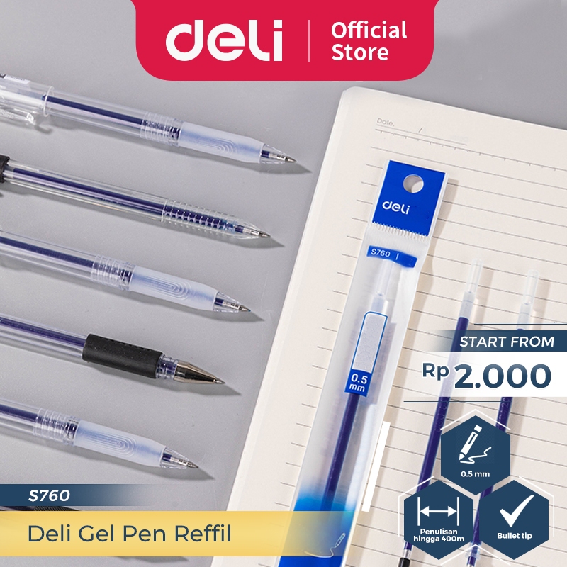 Jual Deli Gel Pen Refill / Isi Ulang Tinta Pulpen Gel Hitam 0.5 mm Isi 20 pcs Bullet Tip S760 ...