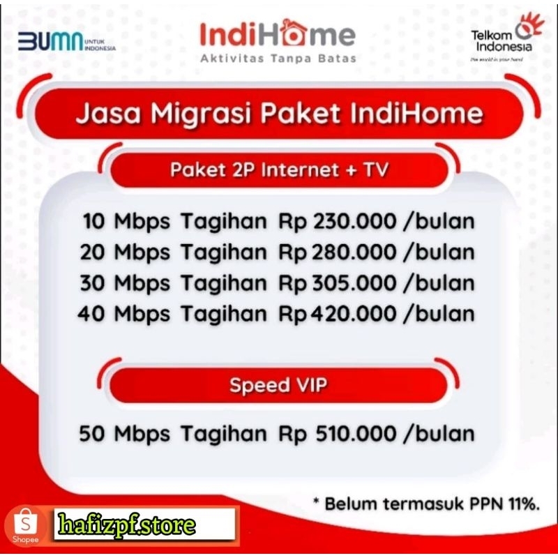 Jual MIGRASI PAKET INDIHOME 2P INET+TV | SPEED 10 - 50 MBPS | UPGRADE ...