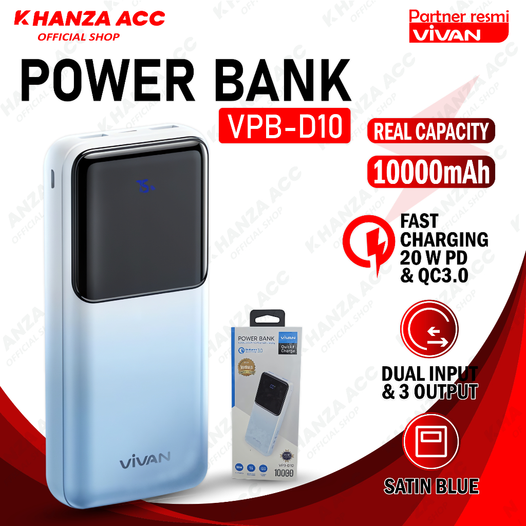 Jual KHANZAACC VIVAN VPB-D10 PowerBank 10000mAh Fast Charging QC 3.0 PD ...