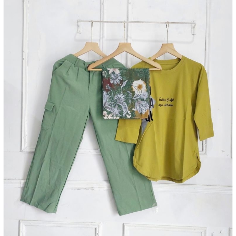 Jual SETELAN KULOT LINEN+KAOS COMBED HIJAB//SET WANITA//SETELAN CARGO ...