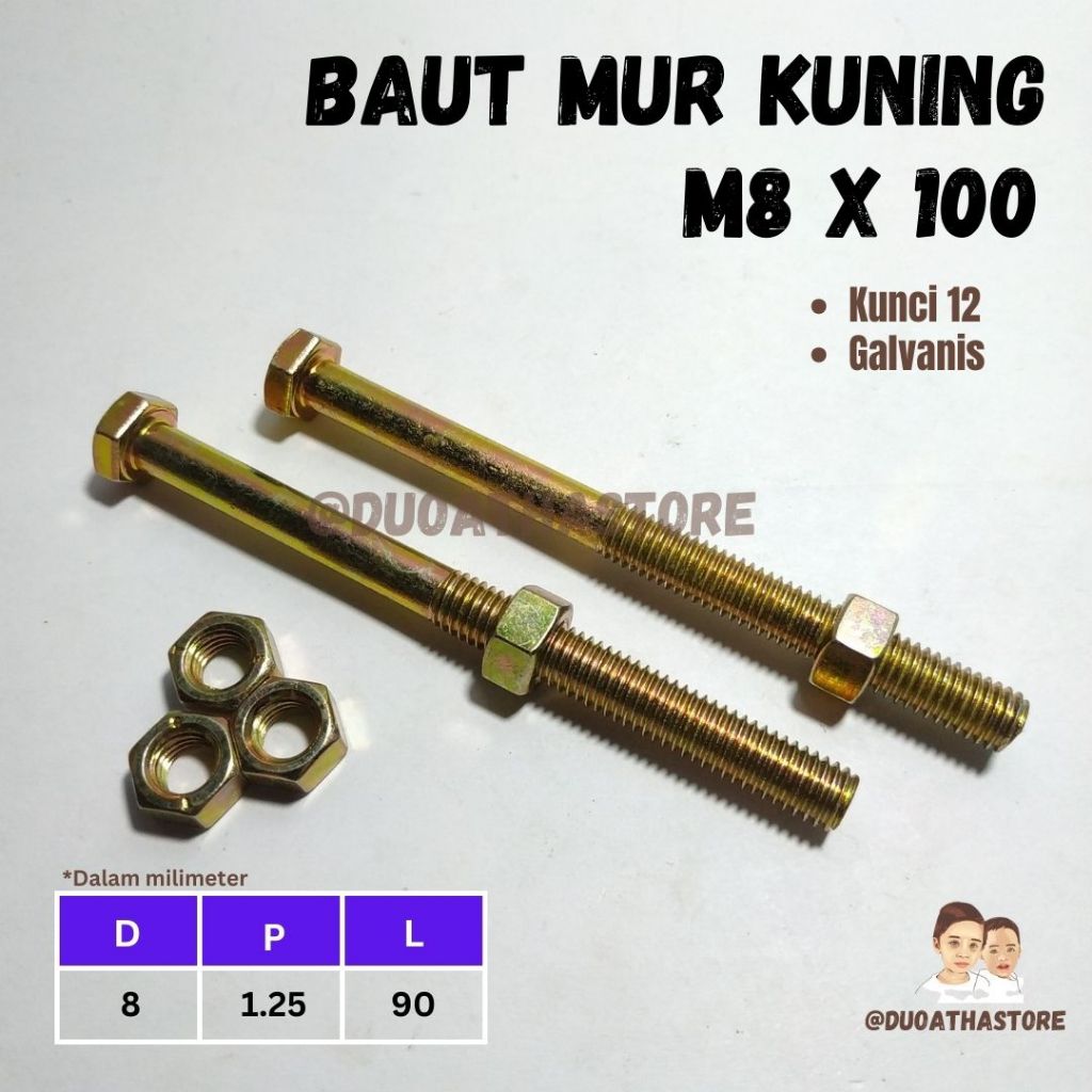 Jual M8x100 Baut Mur Kuning BMK Hex M8 x 100 HT Galvanis Kunci 12 | Shopee Indonesia