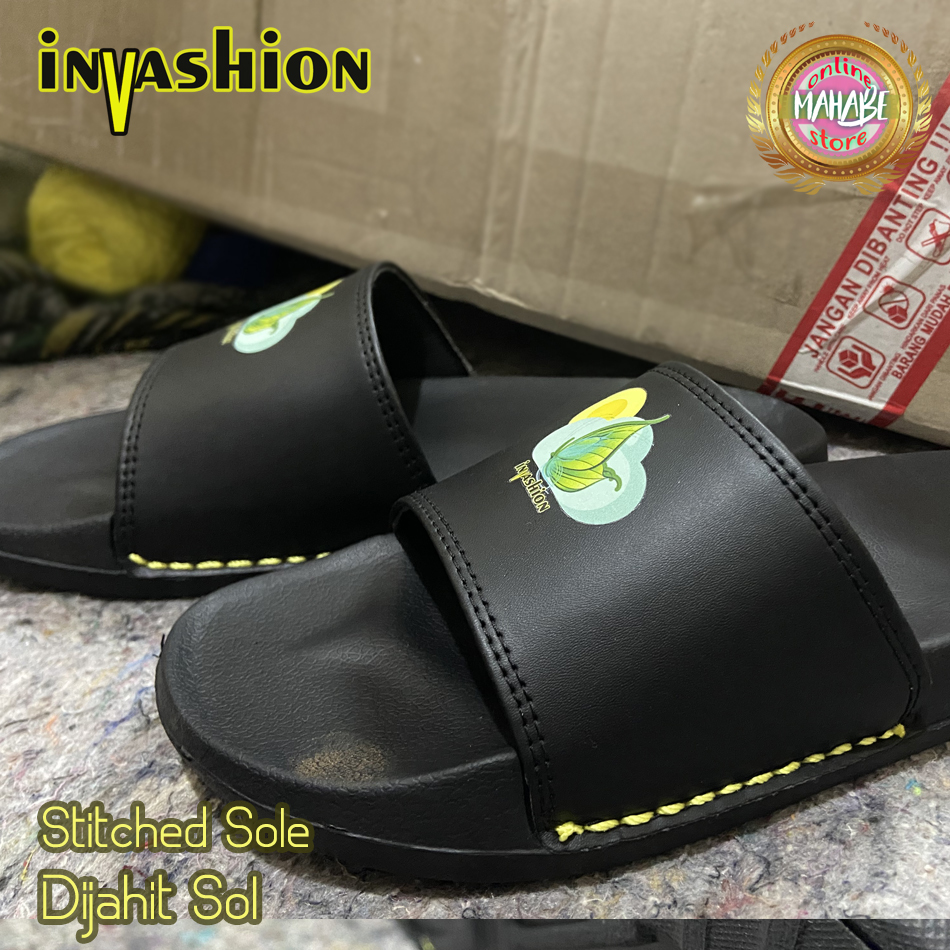 Jual inVashion Sendal Selop SlideSlip On jahit sol Premium Unisex Black ...