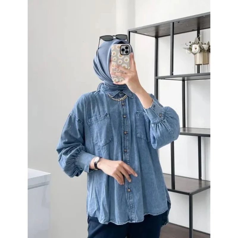 Jual PROMO Kemeja Tunik Jeans Denim Wanita Polos Balon Terlaris ...