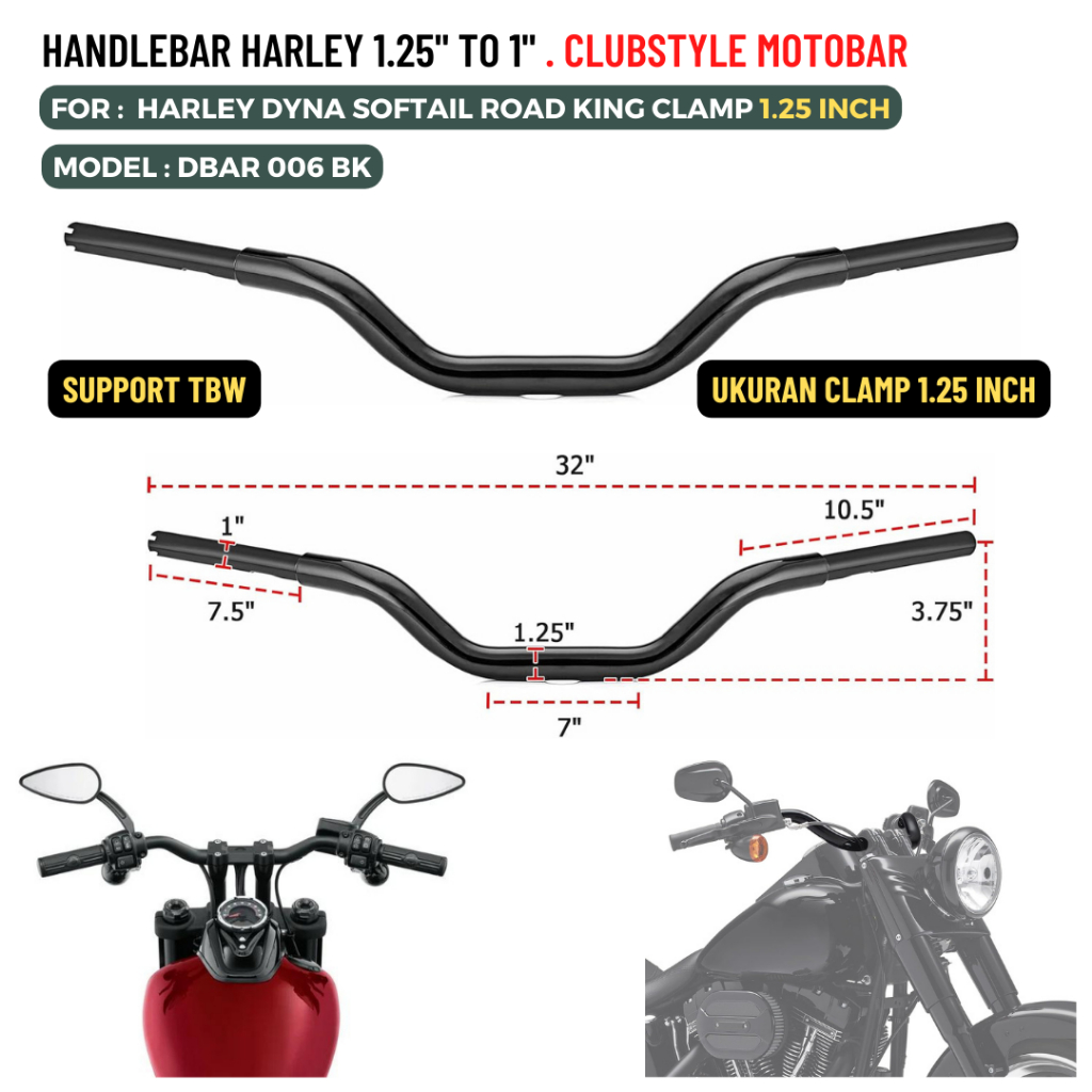 Jual STANG HANDLEBAR 1.25 INCH TO 1 INCH CLUBSTYLE MOTOBAR HARLEY DYNA ...