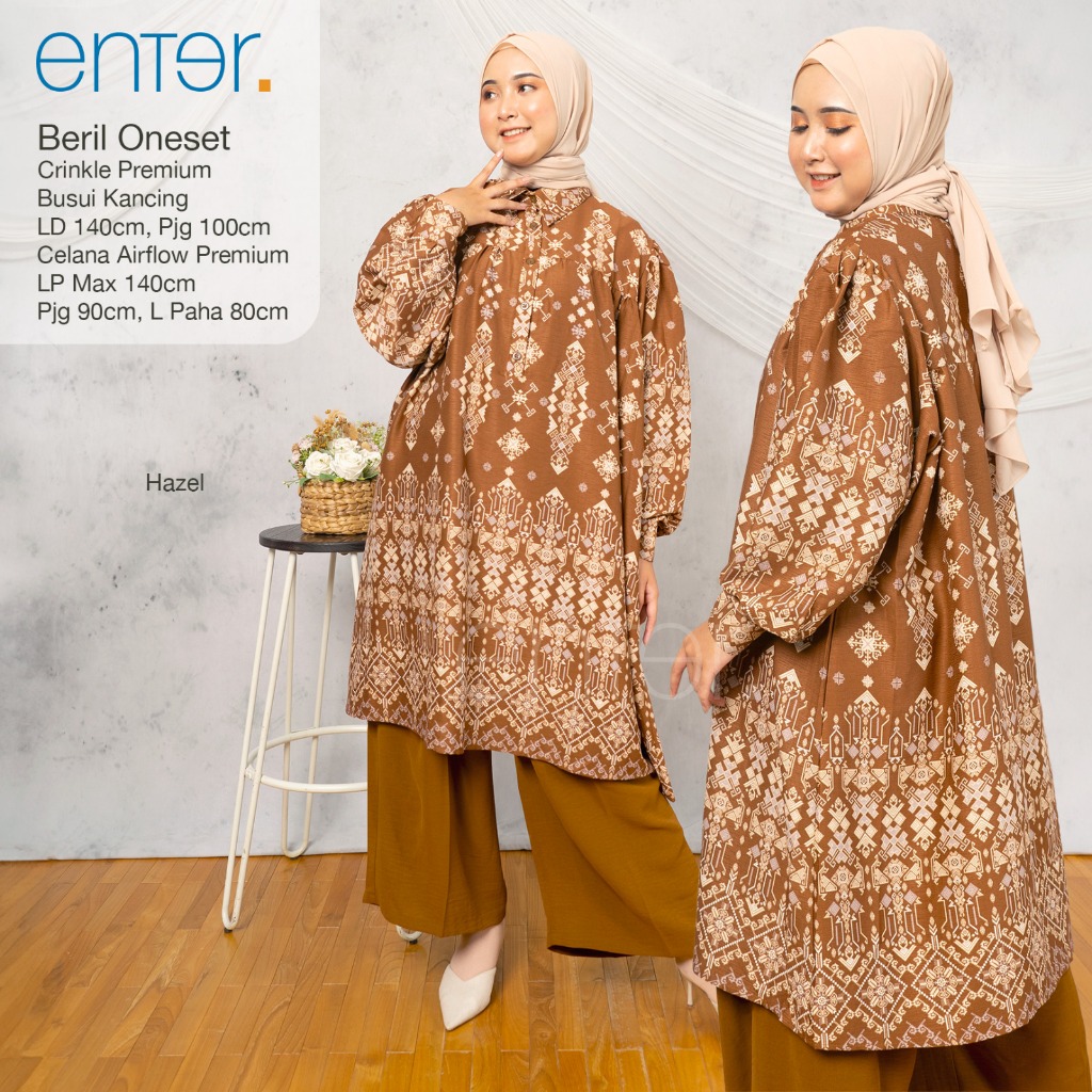 Jual enter one set jumbo wanita kekinian ld 140 beril setelan bermotif ...