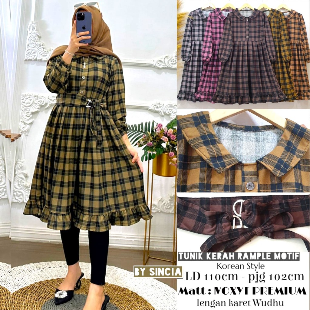 Jual Tunik rempel model kancing kerah bulat motif kotak + sabuk bahan ...