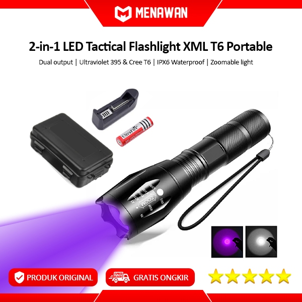 Jual Tactical Flashlight LED T6 Dual Ultraviolet Lampu Senter 2-in-1 UV ...