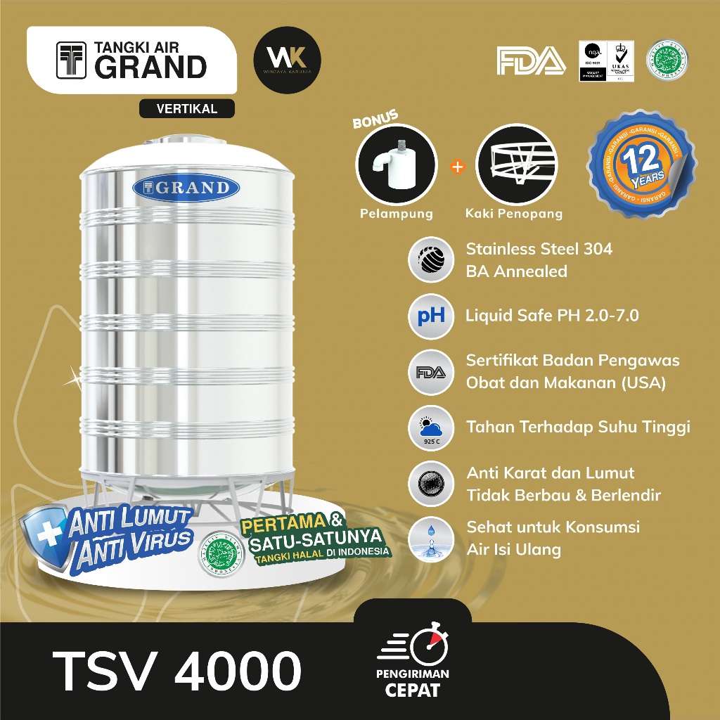 Jual Tangki Tandon Toren Air Stainless GRAND TSV 4000 isi 3600 L SNI ...