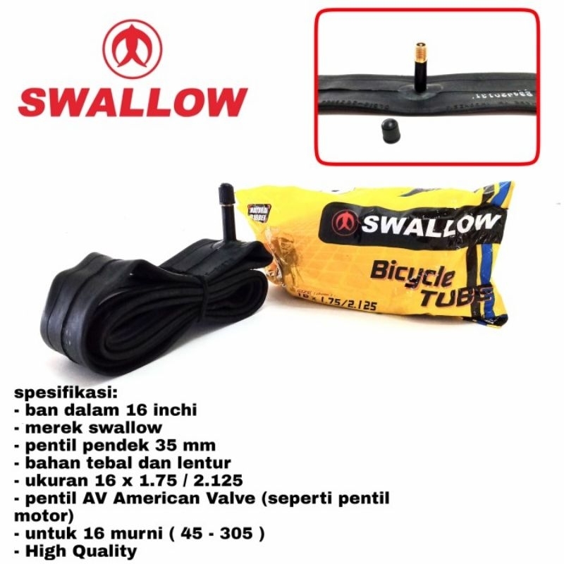 Jual Ban Dalam Swallow Ukuran 16 x 1.75-2.125 Size Sepeda Anak Seli Lipat ban dalam sepeda ...