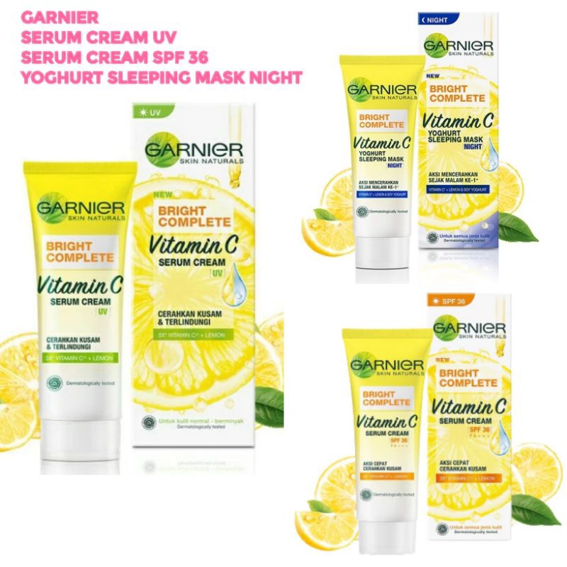 Jual GARNIER BRIGHT COMPLETE VITAMIN C SERUM CREAM UV,SPF 36 dan SLEEPING MASK | Shopee Indonesia