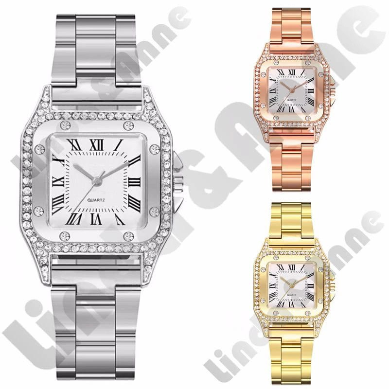 Jual Jam Tangan Wanita Mewah Stainless Steel Analog Dial Kotak Romawi ...