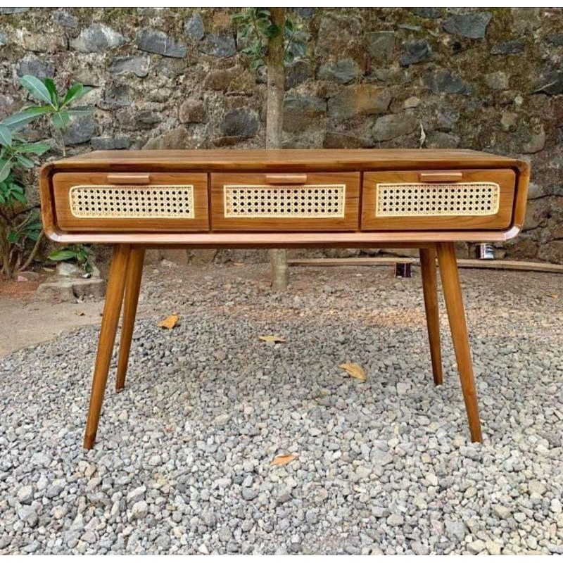 Jual meja console minimalis 3 laci kombinasi rotan kayu jati | Shopee ...