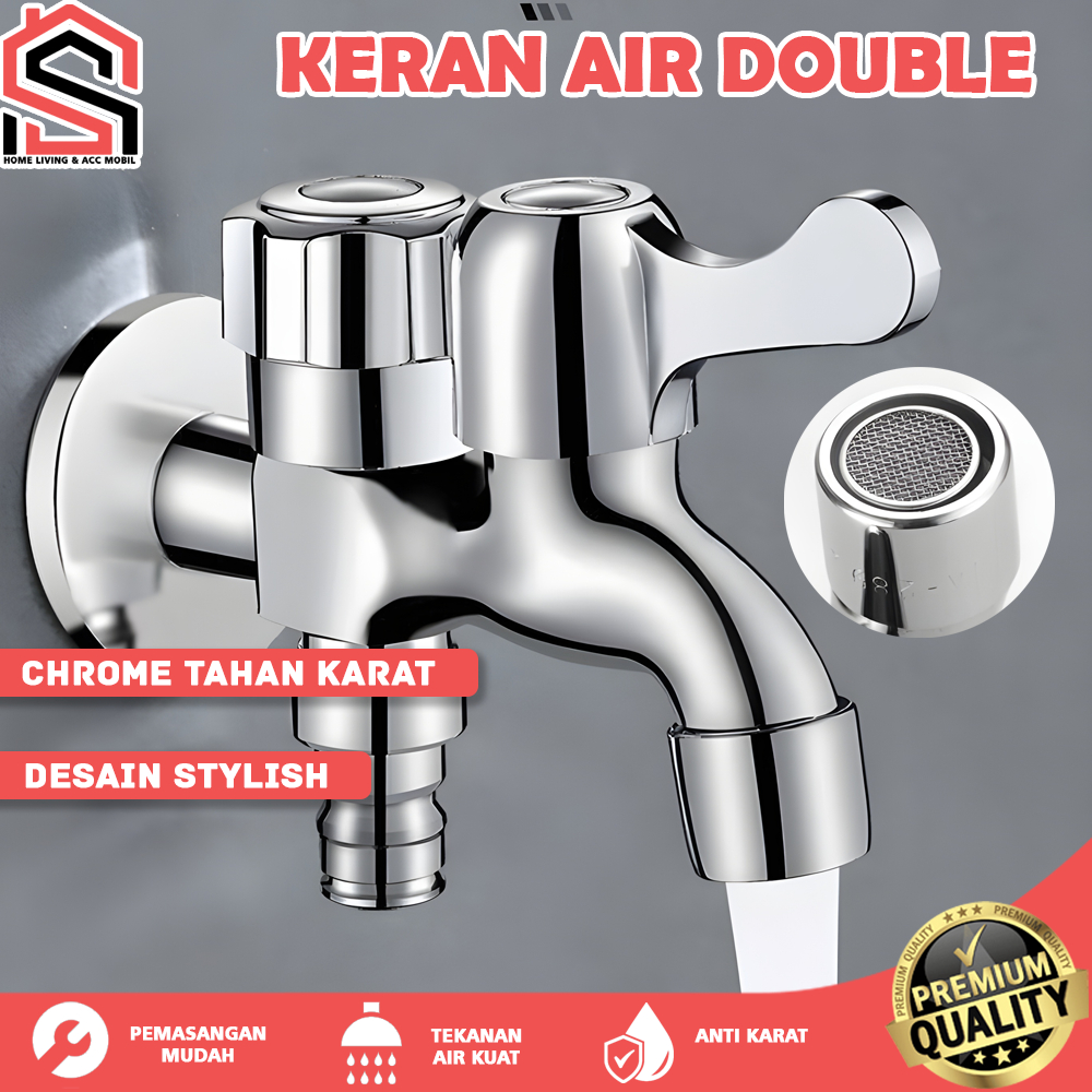Jual Kran Double Dinding 2 Mulut / Keran 2 Cabang / Keran Tembok Dobel Cabang 1/2 Inch - Keran 2 ...