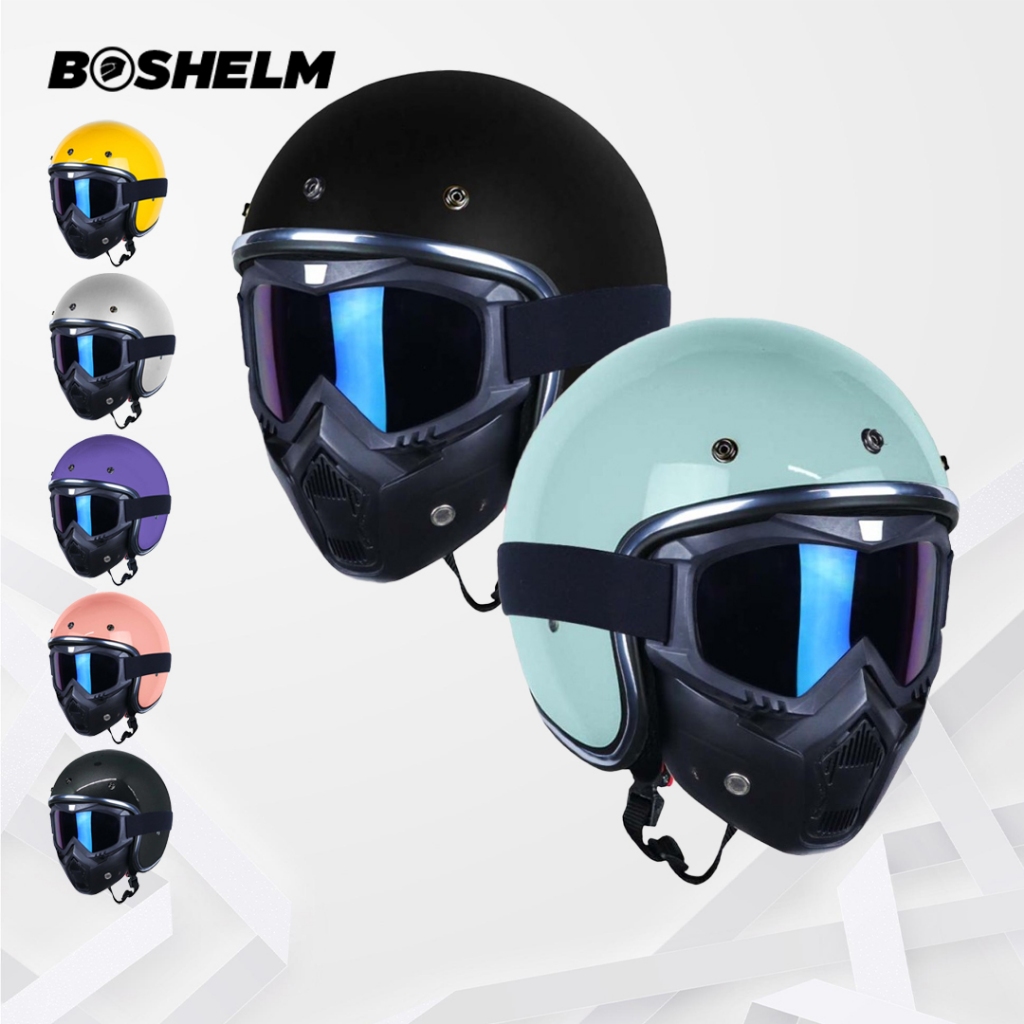 Jual BOSHELM Helm Retro List Chrome SOLID Goggle Mask Helm Bogo Half ...