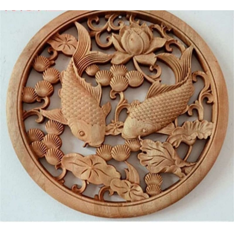 Jual hiasan dinding relief ikan koi bulat kayu jati hiasan dinding ...