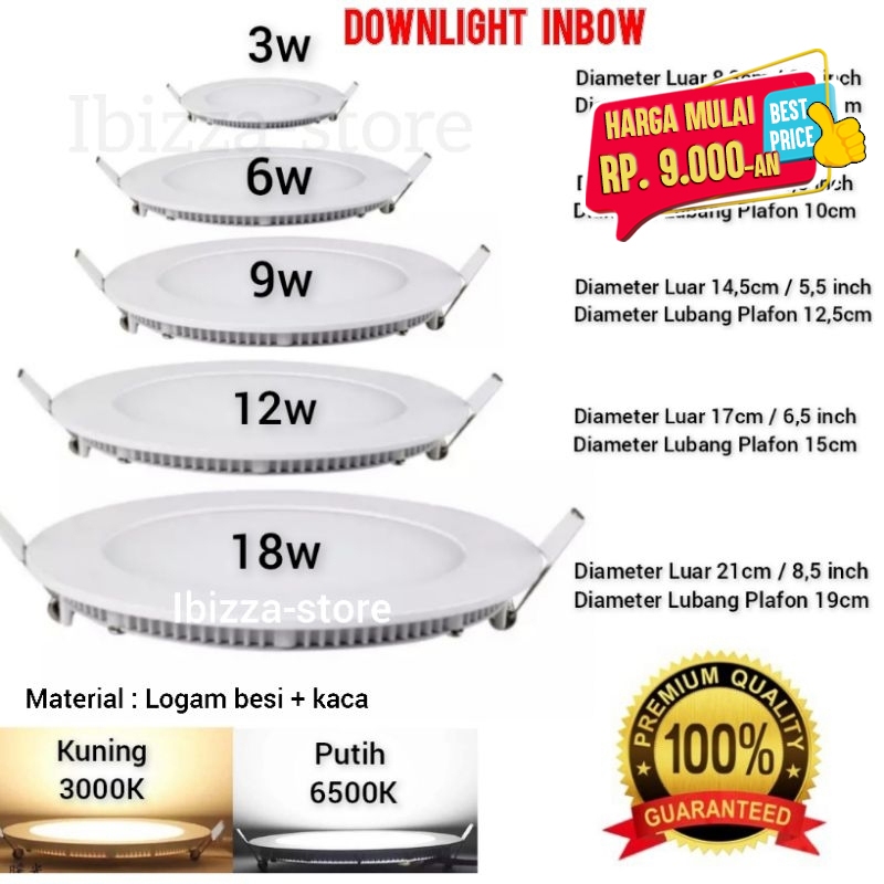 Jual Lampu Downlight LED Panel Slim Tipis Bulat Inbow Tanam 3W 6W 9W ...