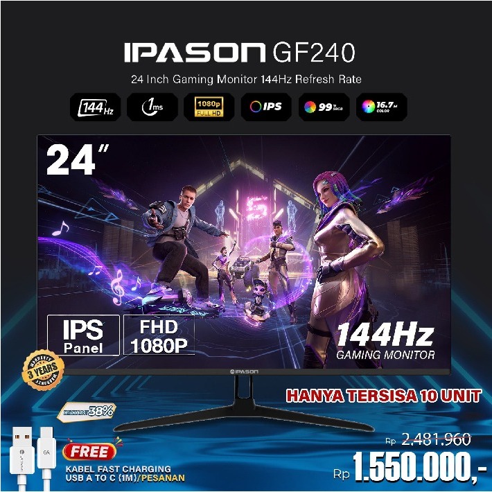 Jual IPASON Gaming Monitor GF240 23.8-inch 144HZ IPS 1920x1080 | Shopee Indonesia