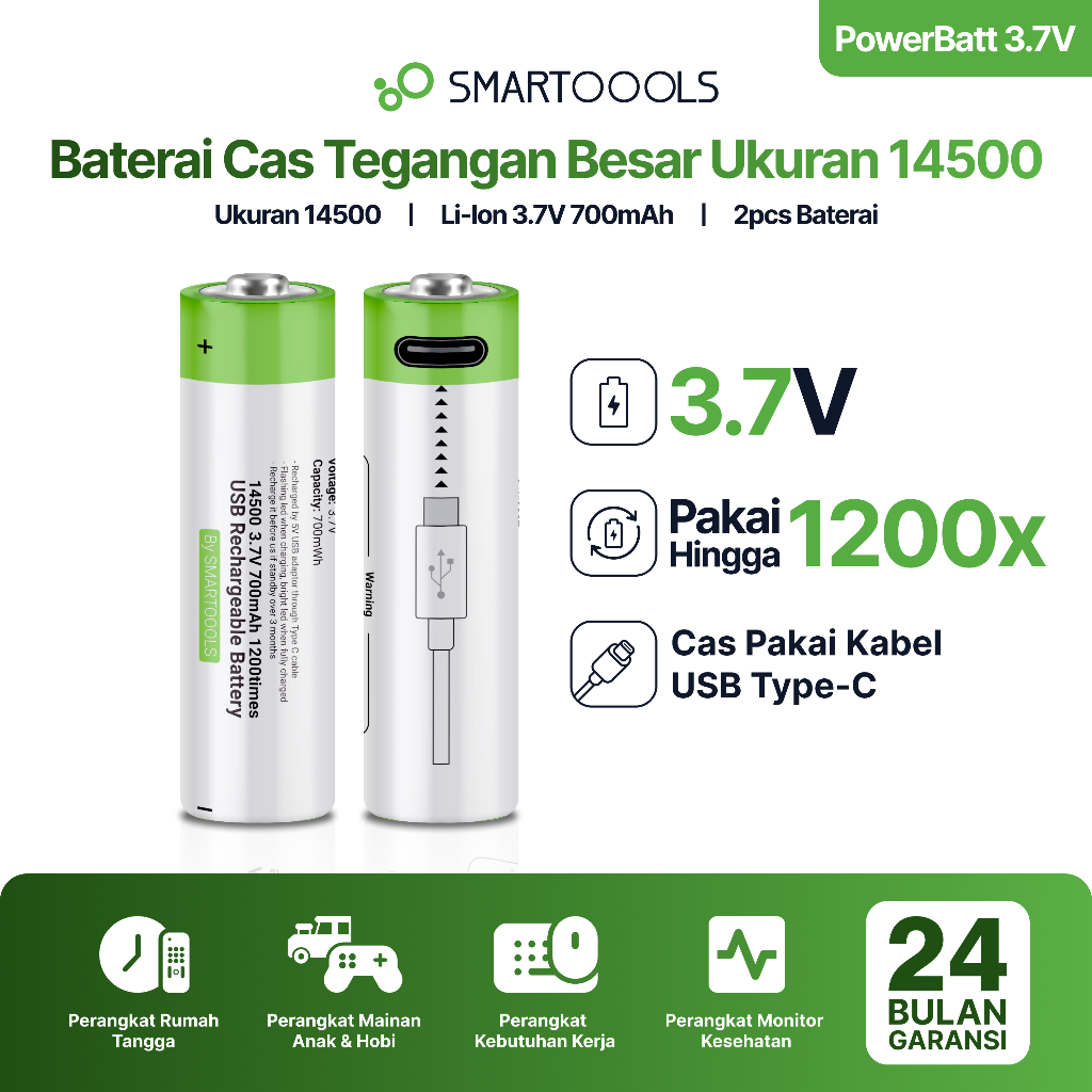 Jual Baterai Cas Isi Ulang 2pcs Smartoools Powerbatt 14500 3.7V Type-C USB Rechargeable Lithium ...