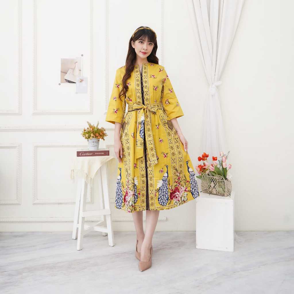 Jual Baju Terusan Midi Dress Batik Wanita Full Kancing Depan Ikat ...