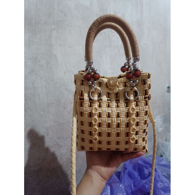 Jual tas anyam jali mini handle mutiara selempang panjang (lepas pasang ...