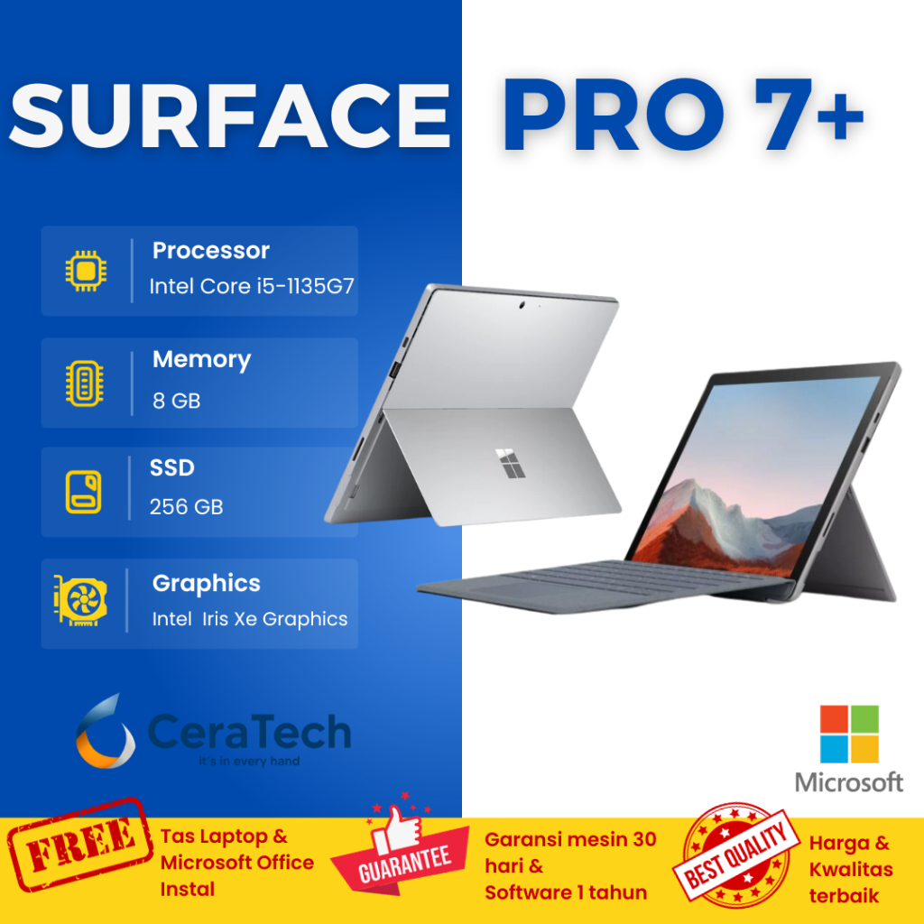 Jual Laptop 2 in 1 Microoft Surface Pro 7+ Core i5 Gen 11 RAM 8 GB SSD ...