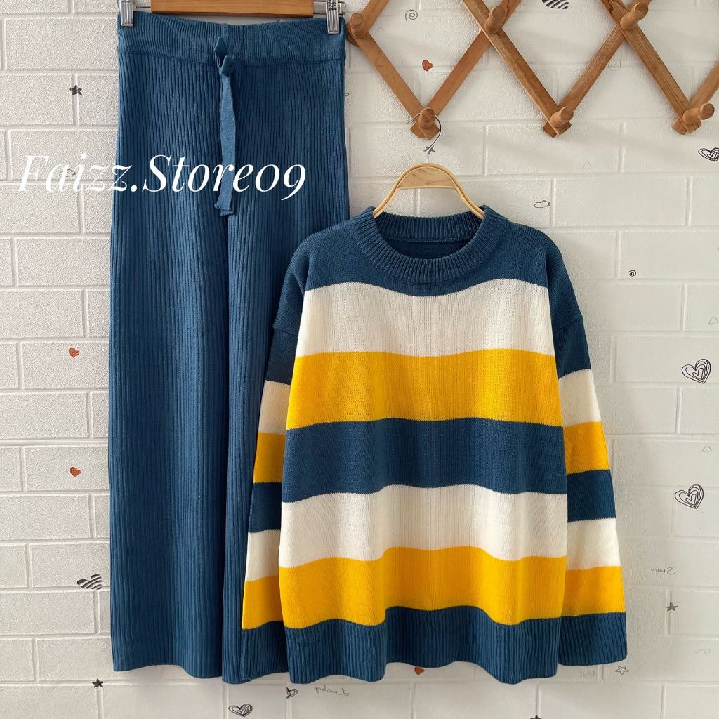 Jual Oneset Sweater Rajut Tanya Oversize Motif Stripe Setelan Celana ...