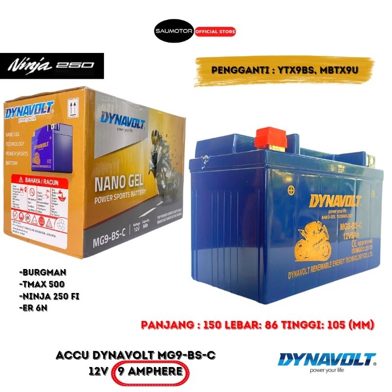 Jual Dynavolt Accu Ninja 250 FI MG9-BS-C 12 volt 9 Amper Aki Kering Nano Gel Amper Besar ...