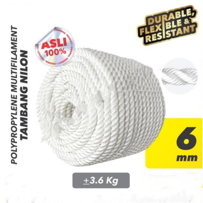 Jual Tali Tambang Nilon 6mm Roll 200 meter Tali Nylon Putih Kuat ...