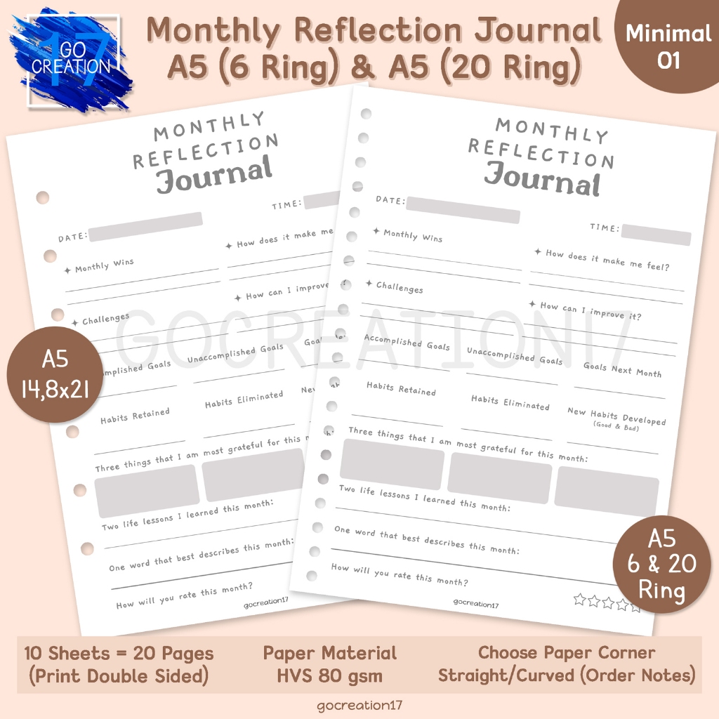 Jual Kertas Planner Isi Binder Monthly Reflection Journal Minimalist ...